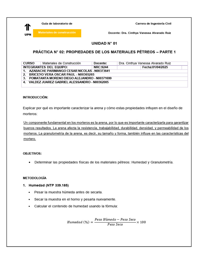 Reporte Laboratorio PL2 Materiales Pétreos | PDF | Materiales de construcción | Laboratorios