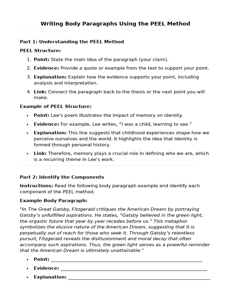 Writing Body Paragraphs Using the PEEL Method | PDF | The Great Gatsby ...