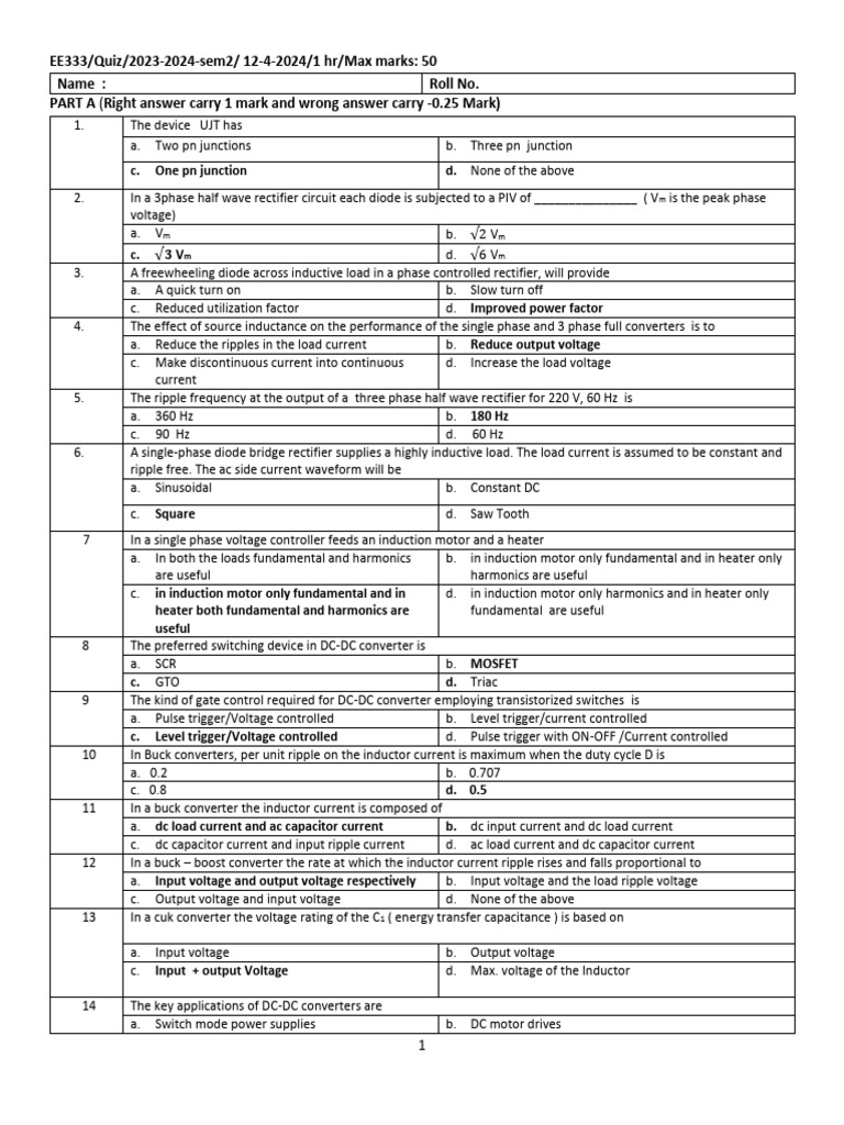 EE333 - Quiz - 2023-2024 Sem2 - V3 - Ans Key | PDF | Power Inverter | Rectifier