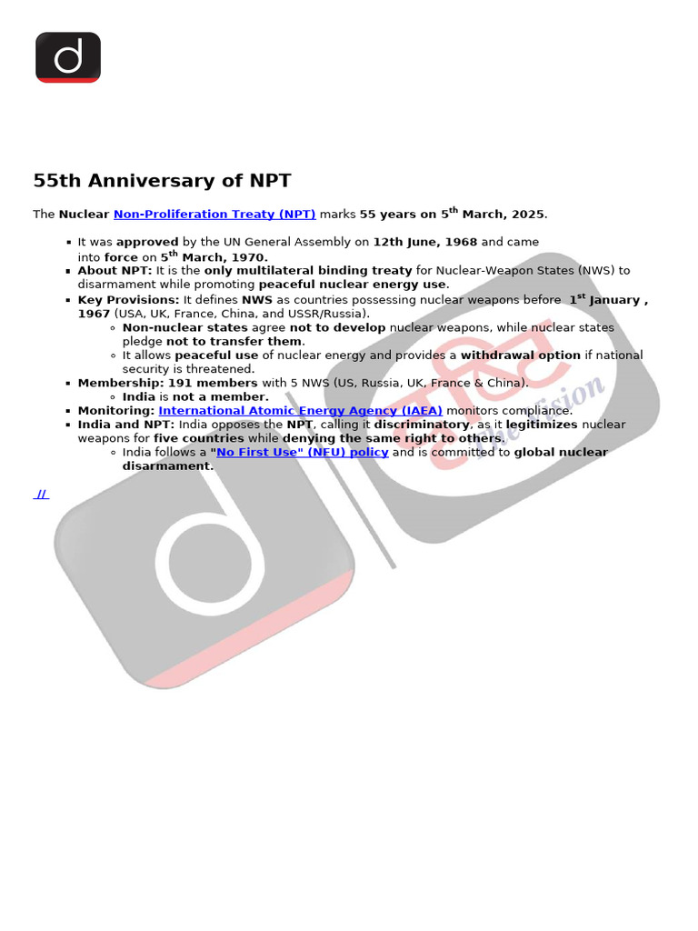 55th Anniversary of NPT: Non-Proliferation Treaty (NPT) | PDF