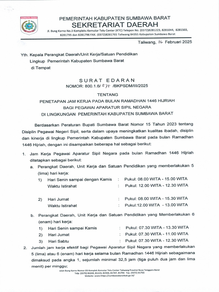 Surat Edaran Jam Kerja Selama Ramadhan 2025 | PDF