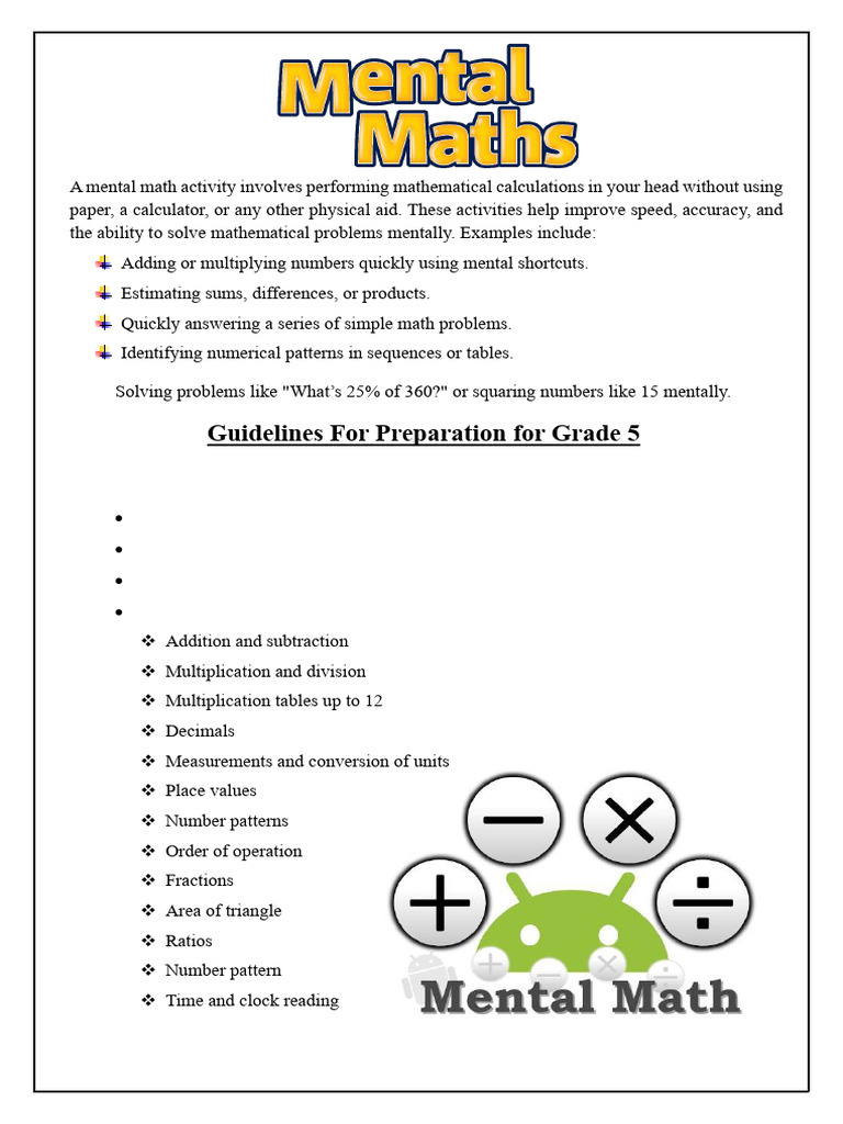 Grade 5 Topics and Sample Paper of Mental Math | PDF | Multiplication ...