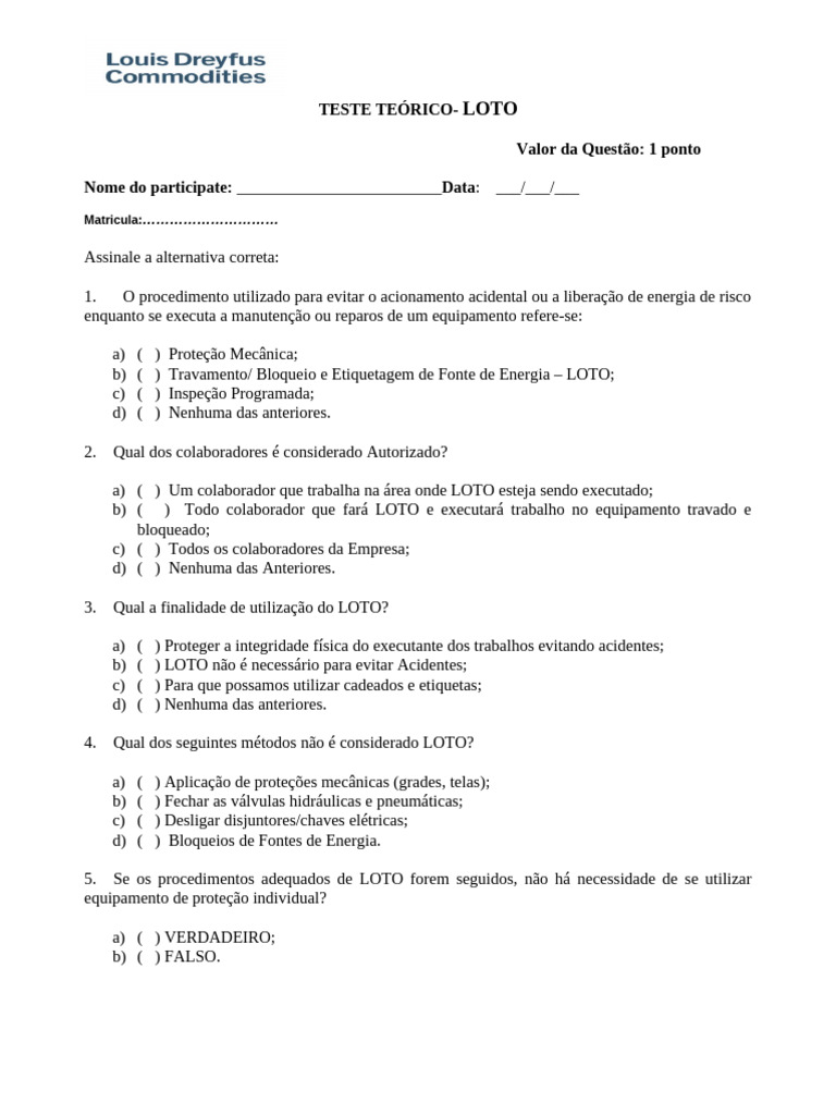 ANEXO 10 - Teste Teórico LOTO Autorizado_OK | PDF | Máquinas | Informática