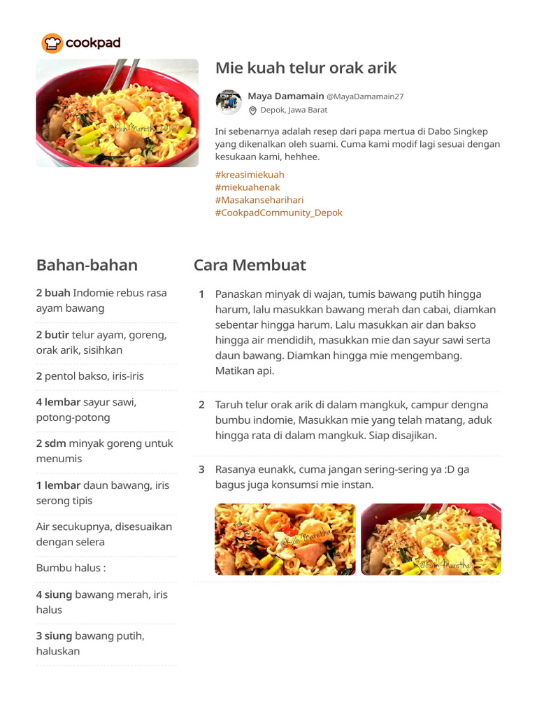 Resep Mie kuah telur orak arik oleh Maya Damamain | PDF