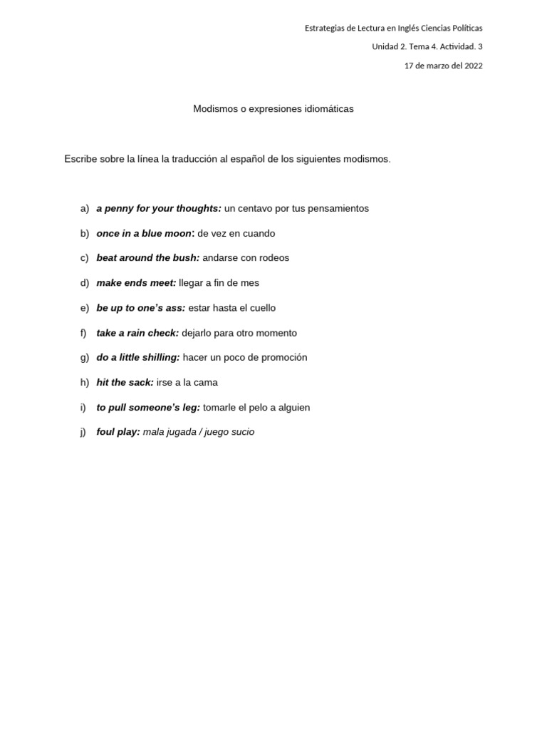 Modismos en Inglés y su Traducción | PDF