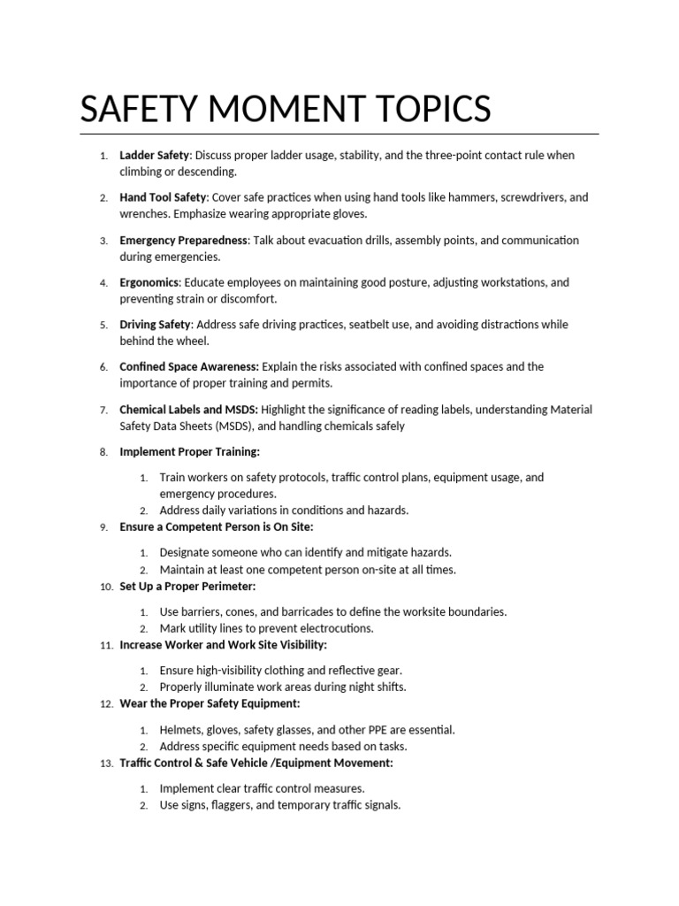Key Safety Moment Topics for Training | PDF