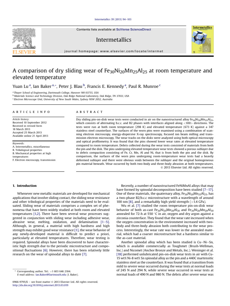 A Comparison of Dry Sliding Wear of Fe 30ni 20 MN 25 Al 25 at Room ...