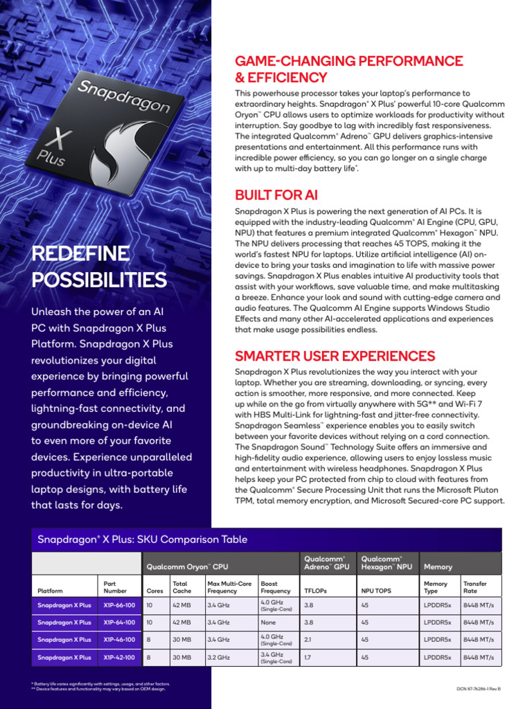 Snapdragon X Plus: Specs & Features Overview | PDF | Ieee 802.11 | Wi Fi