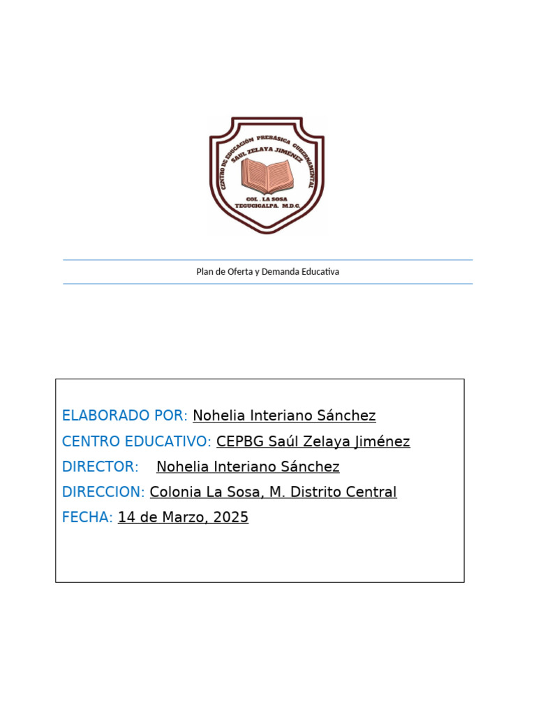 Plan de Oferta y Demanda Educativa - CEPBGSAULZELAYAJIMENEZ | PDF ...