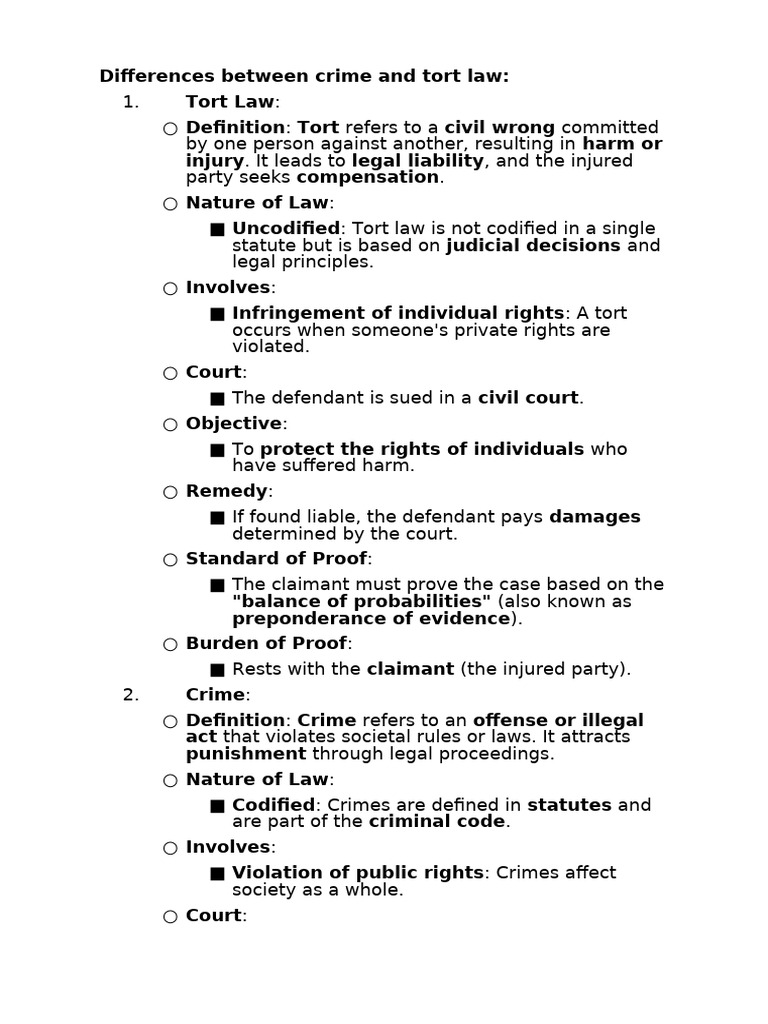 Criminal Law V Tort Law | PDF | Tort | Burden Of Proof (Law)