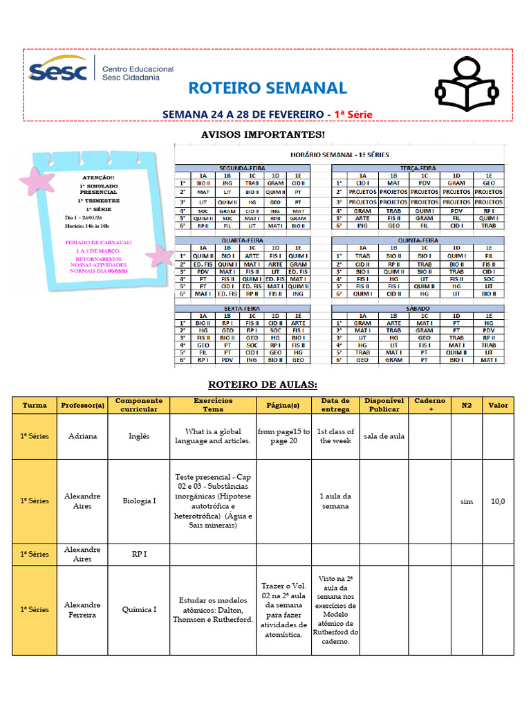 Roteiro Semanal - 1 Série em - 24 A 28 de Fevereiro | PDF