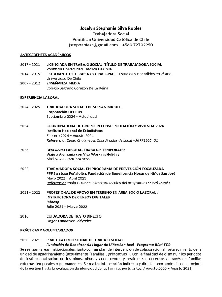 CV Jocelyn Silva R. Mar25 | PDF | Trabajo Social | Educación de la primera infancia