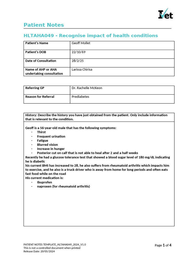 _Patient_Notes_Template_V1.0 | PDF | Prediabetes | Arthritis