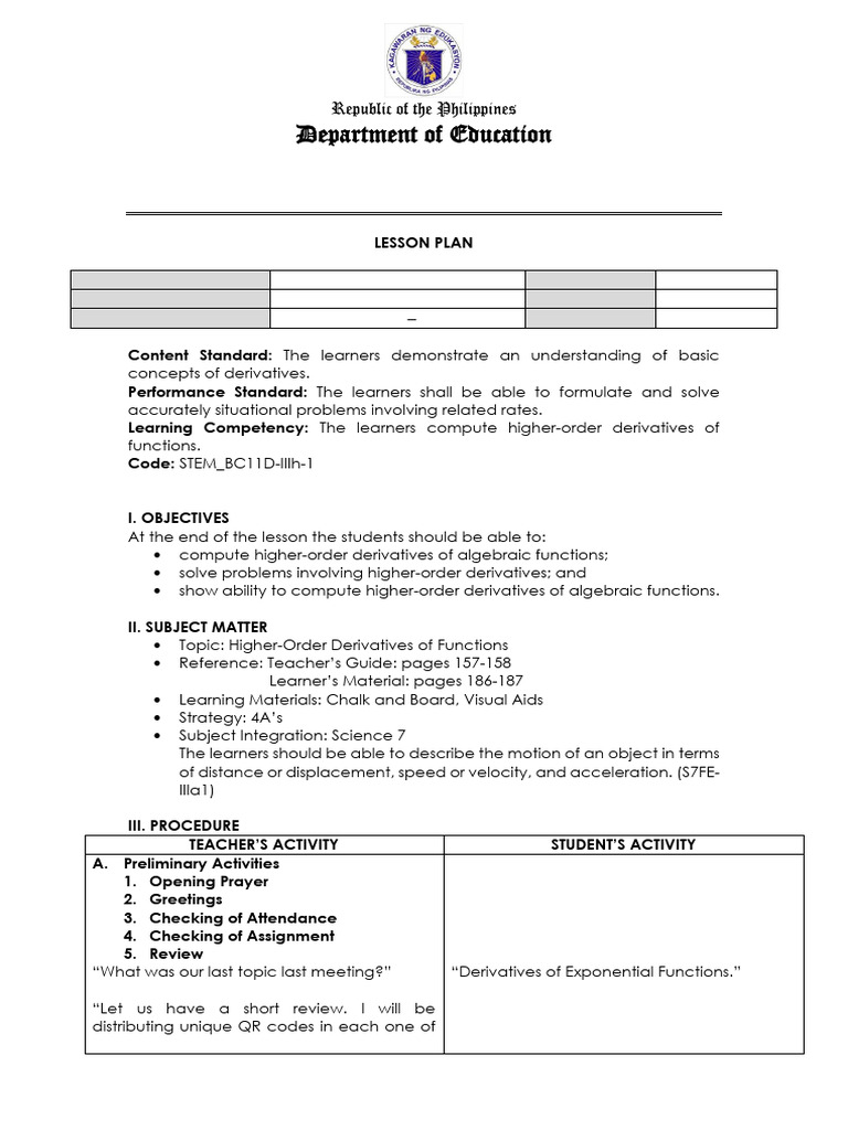 Higher-Order Derivatives Lesson Plan | PDF | Derivative | Acceleration