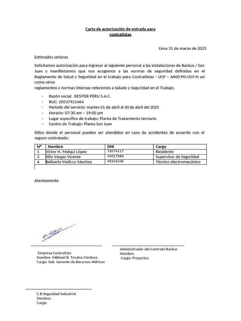 Carta de Autorización de Entrada para Contratistas | PDF