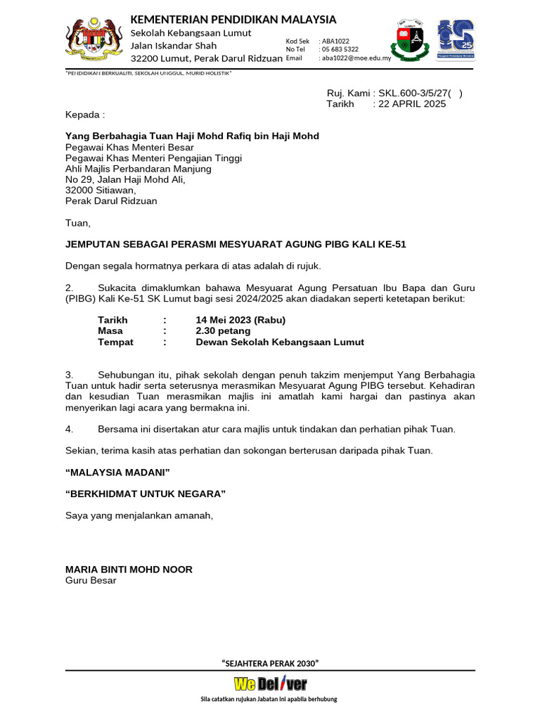 Surat Jemputan Perasmi Mesyuarat Agung PIBG | PDF