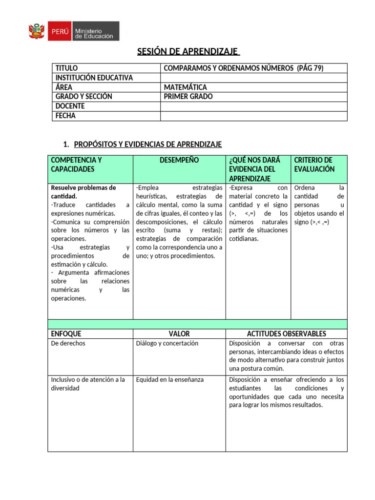 Sesión Matematica Comparamos y Ordenamos Números (Pág 79) | PDF | Aprendizaje | Evaluación