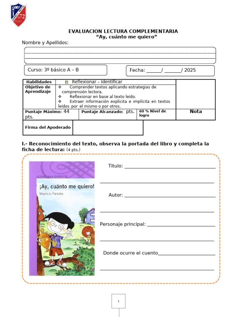 Prueba Lectura Complementaria Ay Cuanto Me Quiero | PDF