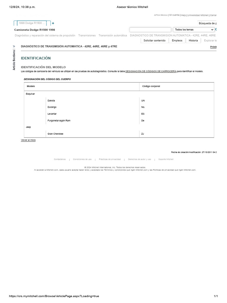 1998 Dodge R1500+Pickup DIAGNÓSTICO DE TRANSMISIÓN AUTOMÁTICA - 42RE ...