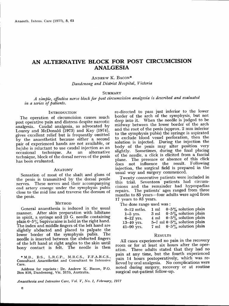 Bacon 1977 An Alternative Block For Post Circumcision Analgesia | PDF ...