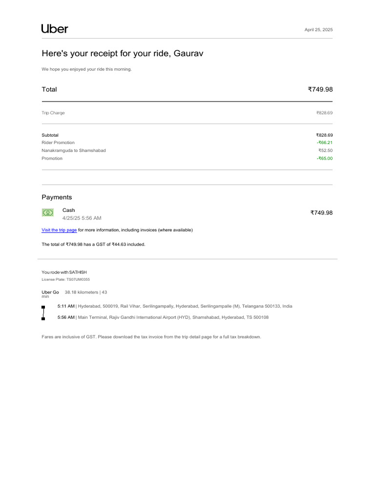 UBER RECEIPT FROM RILWAY STATION TO AIRPORT 25.04.2025 | PDF