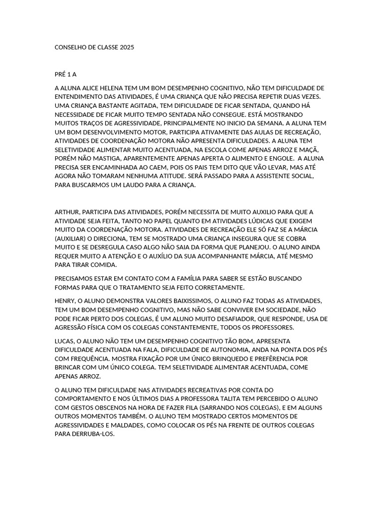 Ata Do Conselho de Classe 2025 Educação Infantil | PDF | Recreação | Tempo