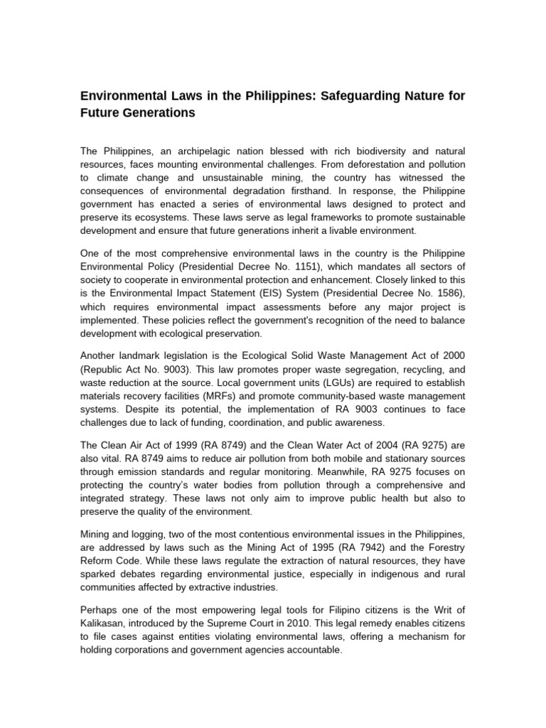 Philippine Environmental Laws Overview | PDF | Environmental Law ...