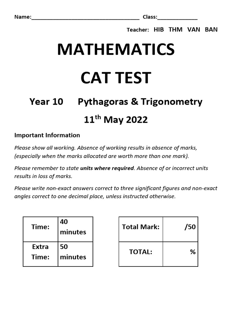 2022 Year 10 Test Pythagoras & Trigonometry | PDF | Trigonometry | Triangle