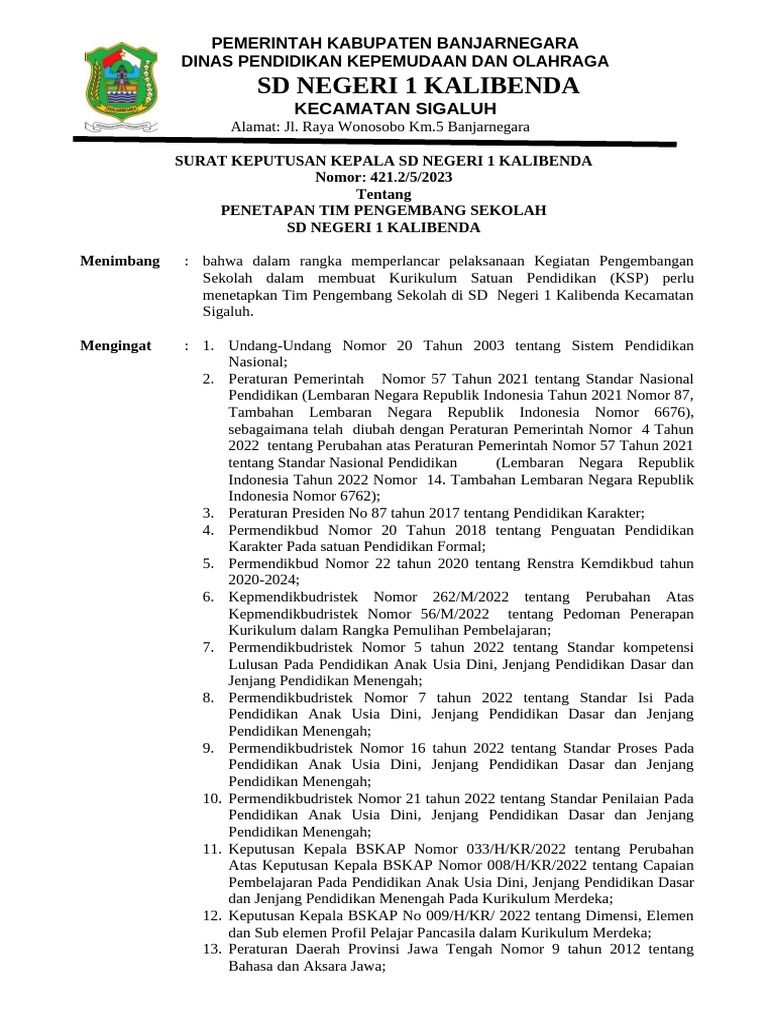 Penetapan Tim Pengembang Sekolah SD Kalibenda | PDF