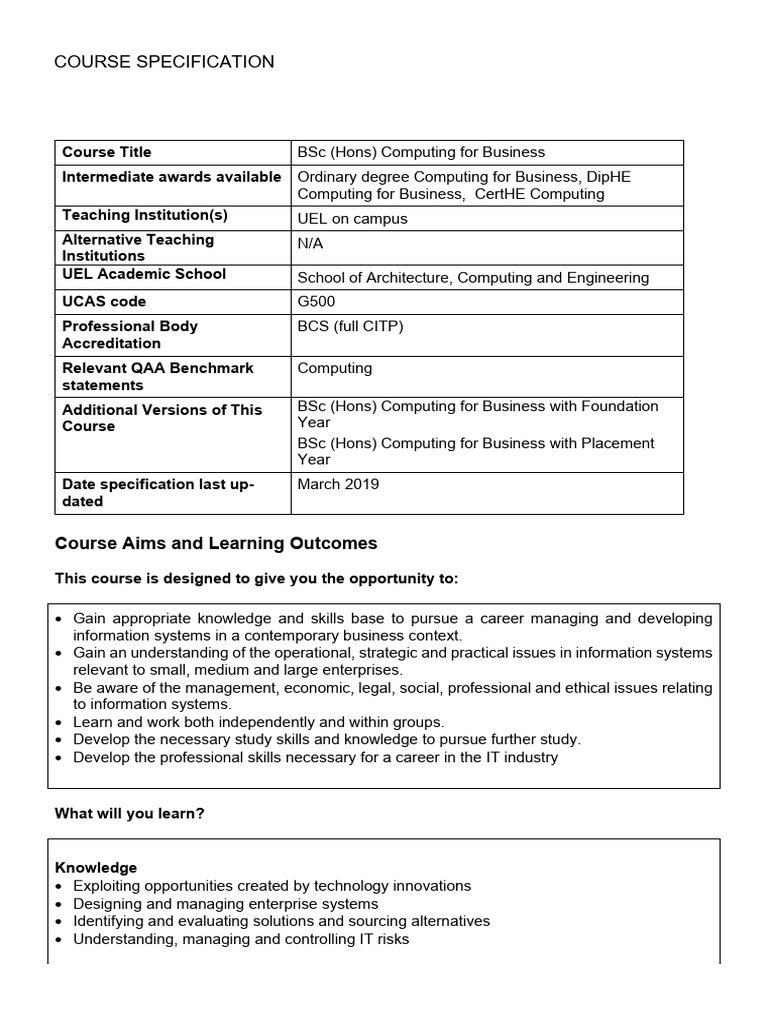Course Specification Bss Hons Computing For Business | PDF | Academic ...
