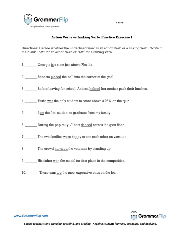 Action Vs Linking Verbs Worksheet | PDF