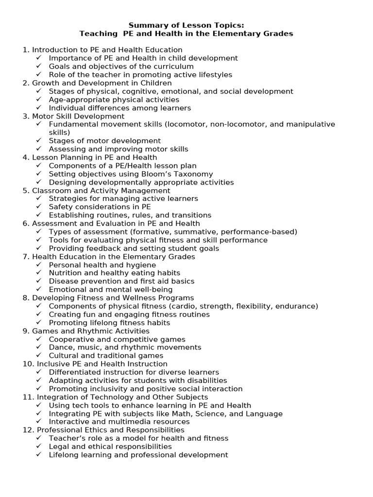PEH-Summary of Lesson Topics | PDF | Physical Education | Educational Assessment