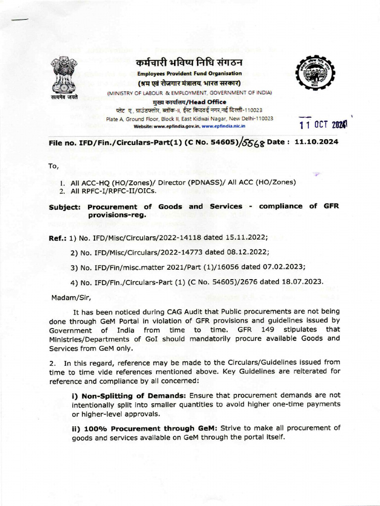 Circular On Compliance of GFR Provisions Dated 11102024 | PDF