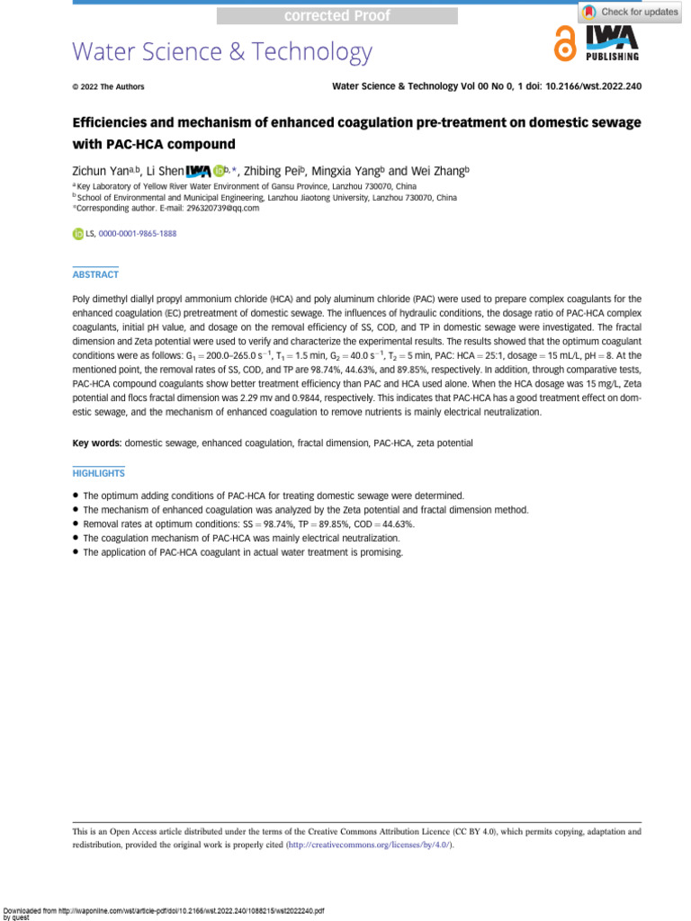 Efficiencies and Mechanism of Enhanced Coagulation | PDF | Sewage | Colloid