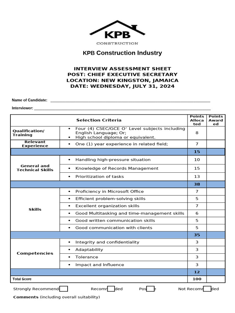 Interview Assessment Sheet - Receptionist - KPB Contruction Industry ...