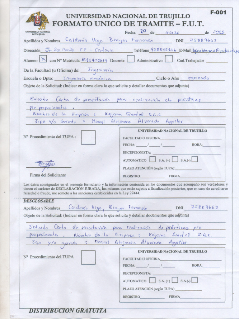 FUT - Solicitud Carta de Presentación | PDF