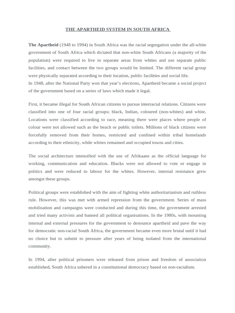 The Apartheid System in South Africa | PDF