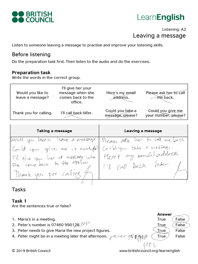 Leaving a Message Practice A2 | PDF