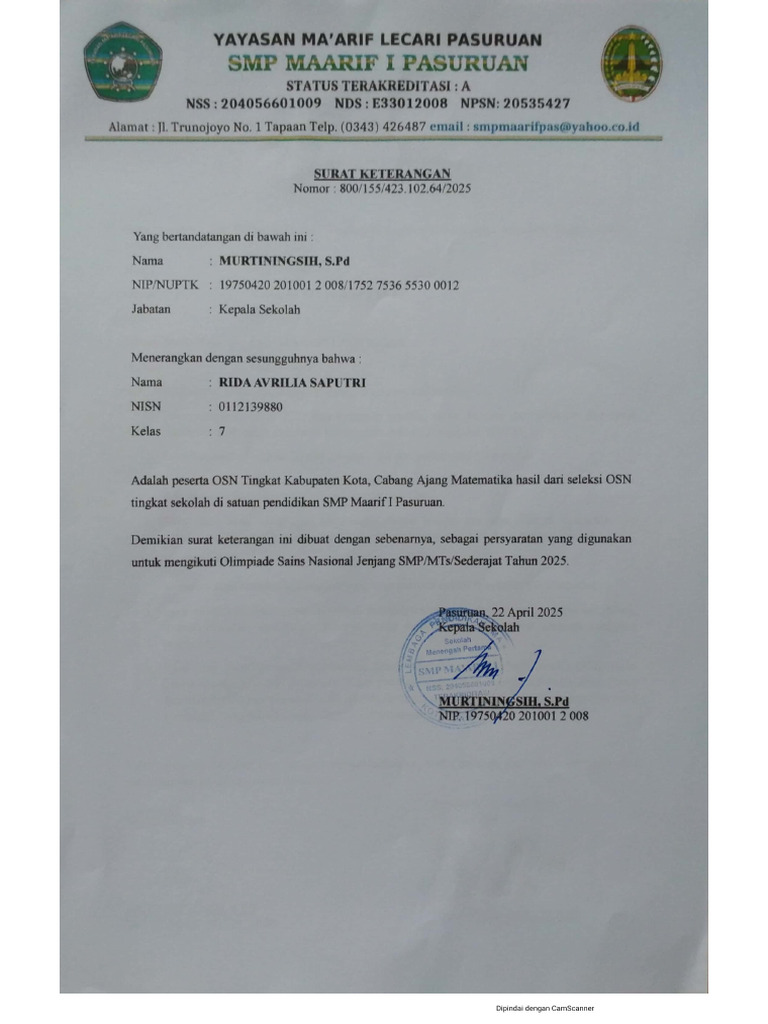 surat keterangan RIDA AVRILIA SAPUTRI | PDF