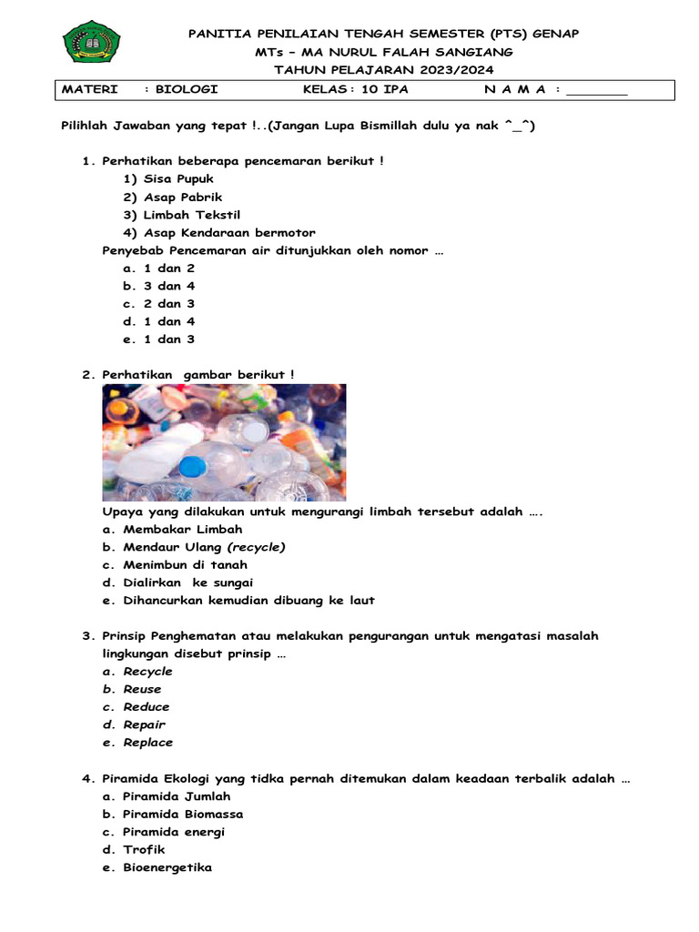 Soal PTS Biologi Kelas 10 Genap 2024 | PDF