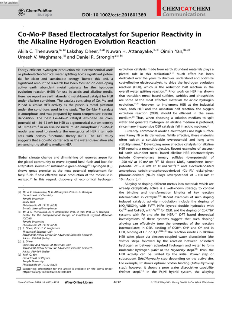 ChemCatChem - 2018 - Thenuwara - Co Mo P Based Electrocatalyst For Superior Reactivity in The ...