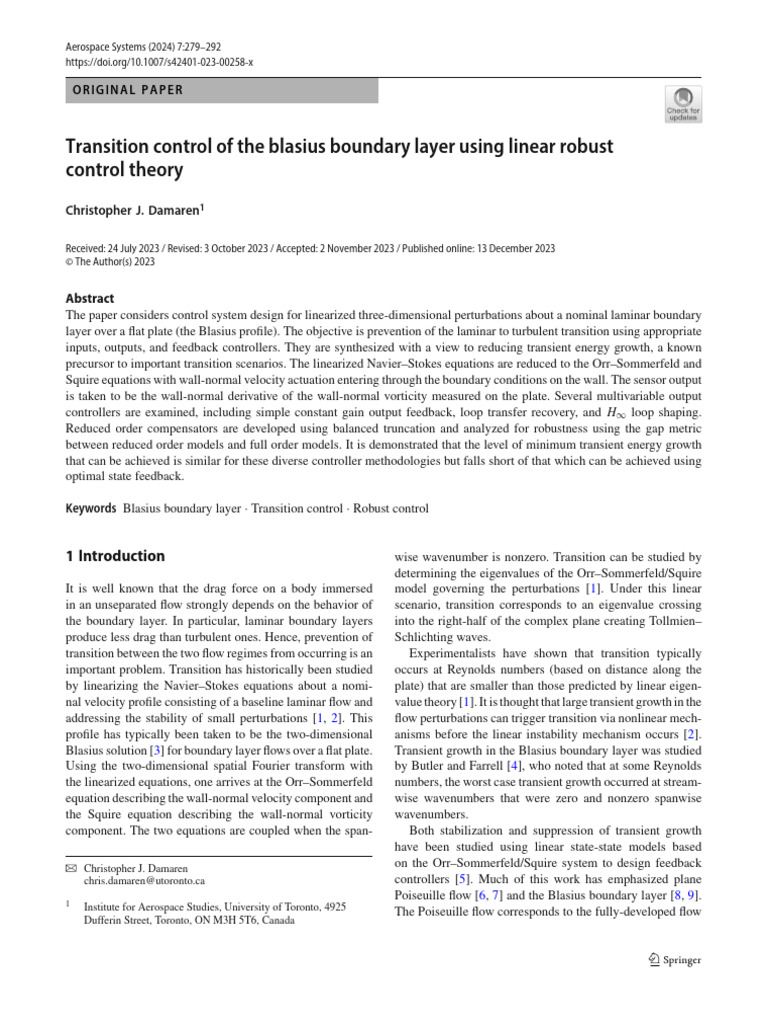 Transition Control of The Blasius Boundary Layer Using Linear Robust Control Theory | PDF ...