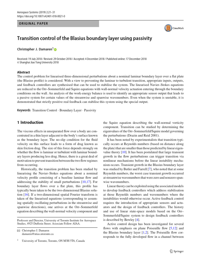 Transition Control of the Blasius Boundary Layer Using Passivity | PDF | Boundary Layer ...
