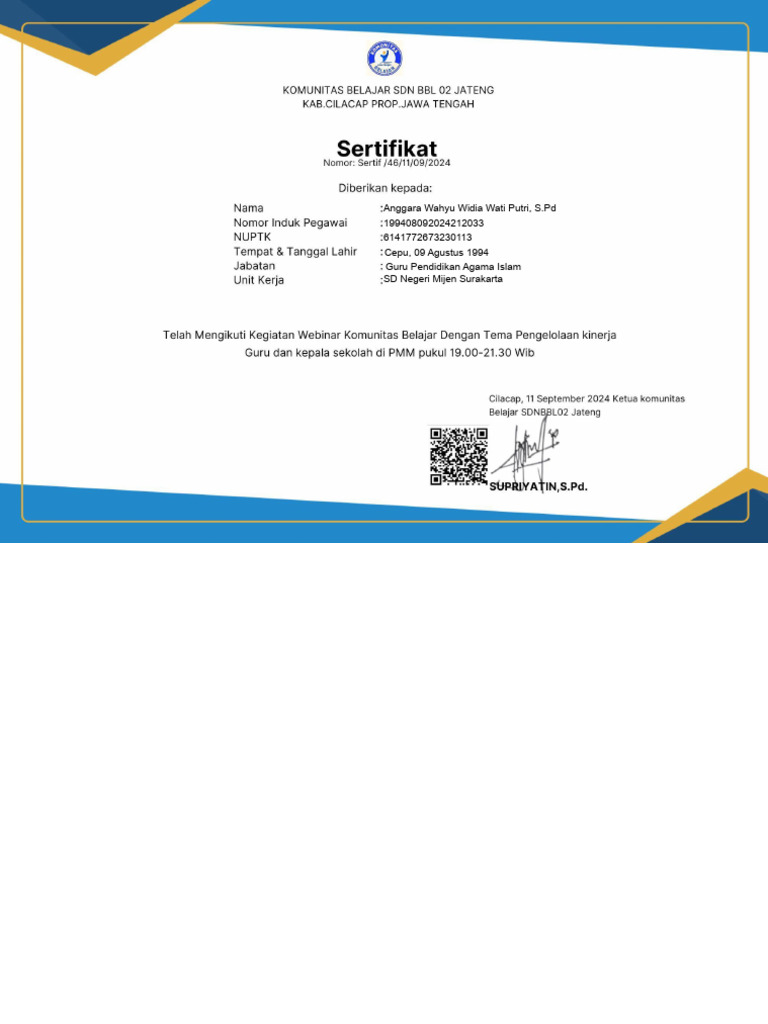 Anggara Wahyu Widia Wati Putri, S.PdE - SERTIFIKAT | PDF