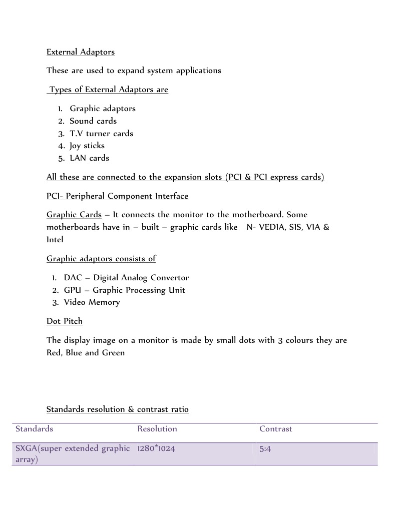 Standards Resolution Contrast SXGA (Super Extended Graphic Array) 1280 ...