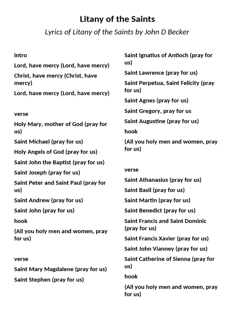 John Becker's Litany of Saints Lyrics | PDF | Prayer | Jesus
