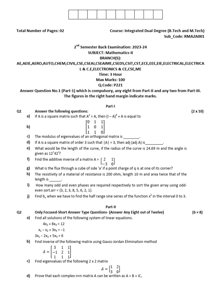 Mathematics II 2nd 2023-2024 Mtech Back | PDF | Matrix (Mathematics) | Mathematical Concepts