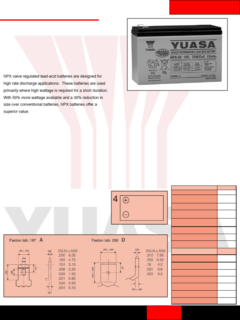 Ficha Tecnica NPX-35 Yuasa | PDF | Electricity | Energy Storage