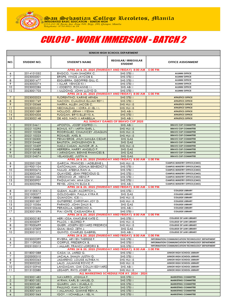 BATCH-2-WORK-IMMERSION-SHS-MASTERLIST-2024-2025 | PDF
