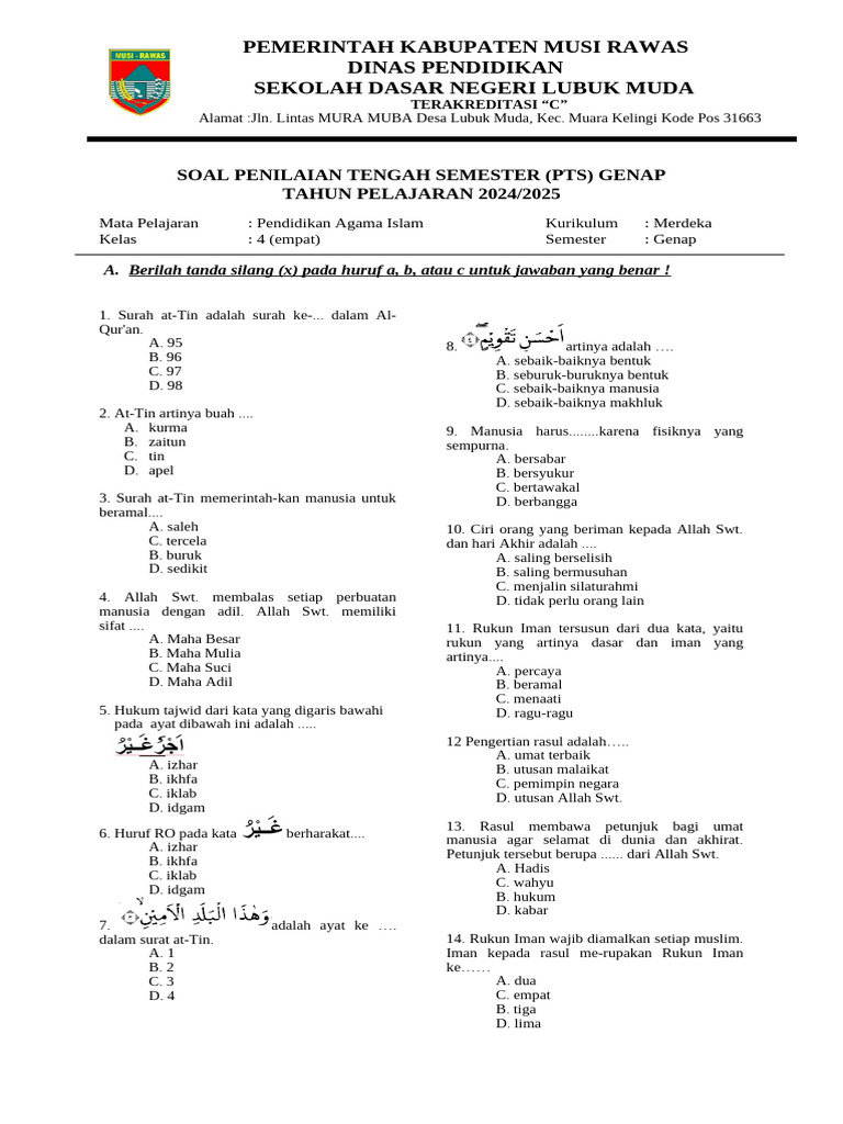Soal PTS PAI Kelas 4 Genap-Kumer @ | PDF